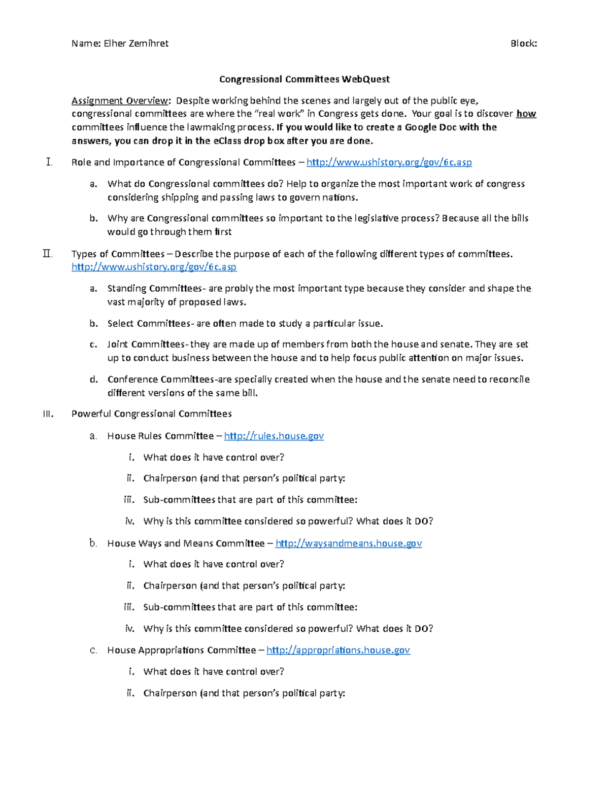 Congressional-Committees-Webquest - Name: Elher Zemihret Block ...