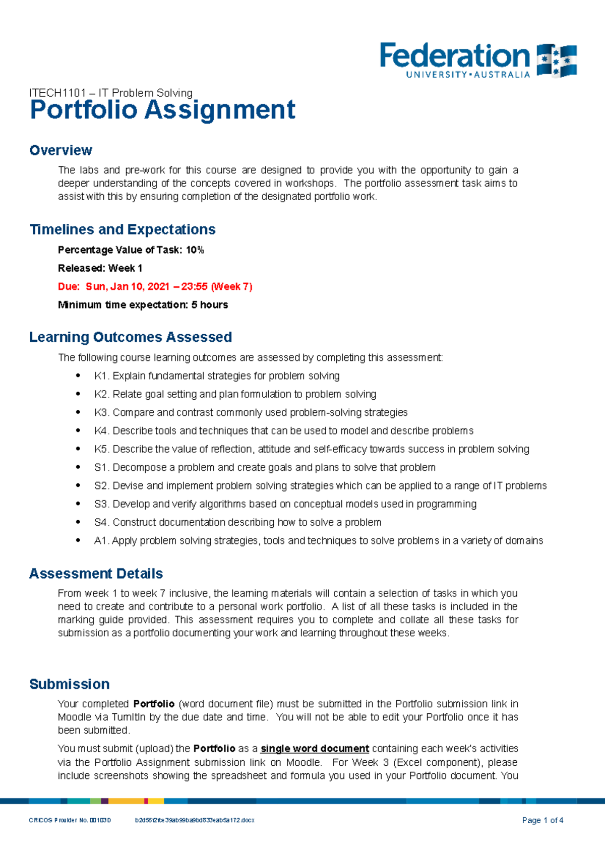 T1- ITECH 1101 Portfolio Assignment Specification 2020 - ITECH1101 – IT Problem Solving ...