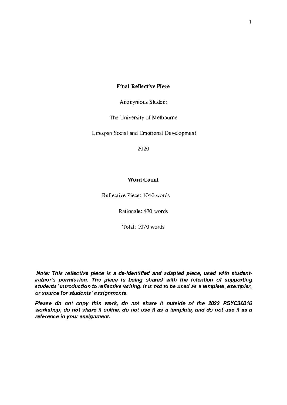 Workshop 1 - Example Full Reflective Piece 2 - Final Reflective Piece ...