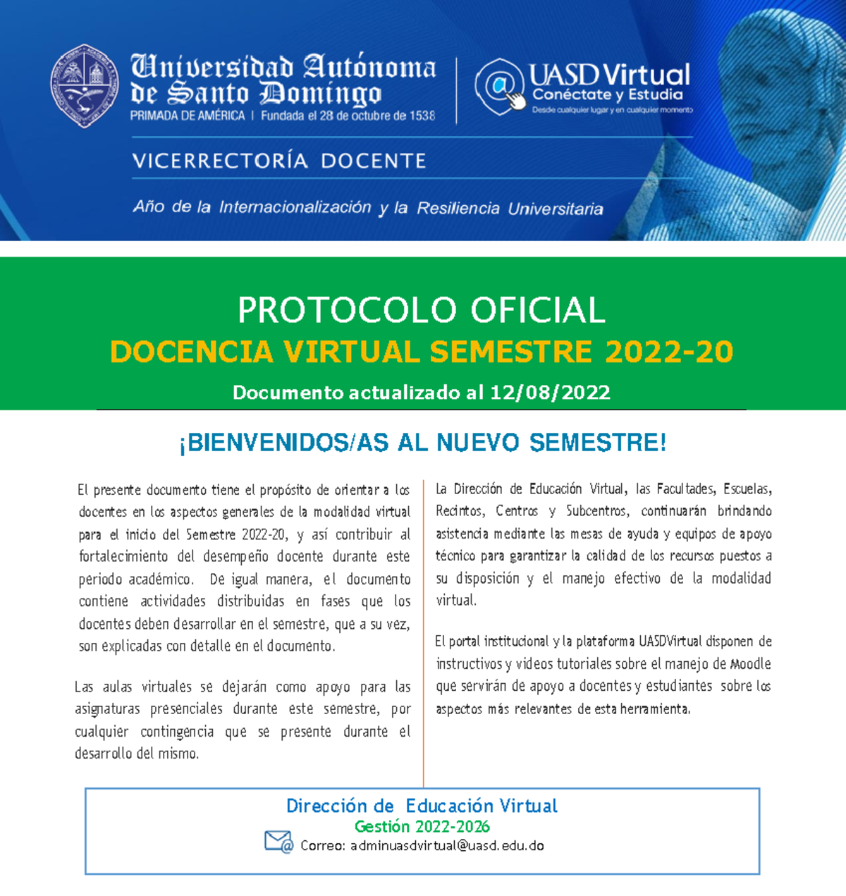 Protocolo Docencia Virtual UASD 2022-2. V1 - ¡BIENVENIDOS/AS AL NUEVO ...