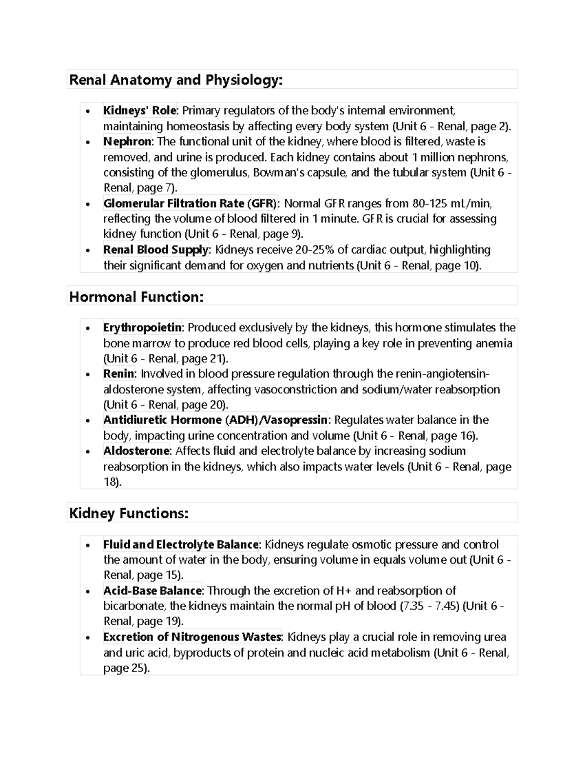 Unit 6 - Renal Part 1 Review - Renal Anatomy and Physiology: • Kidneys ...