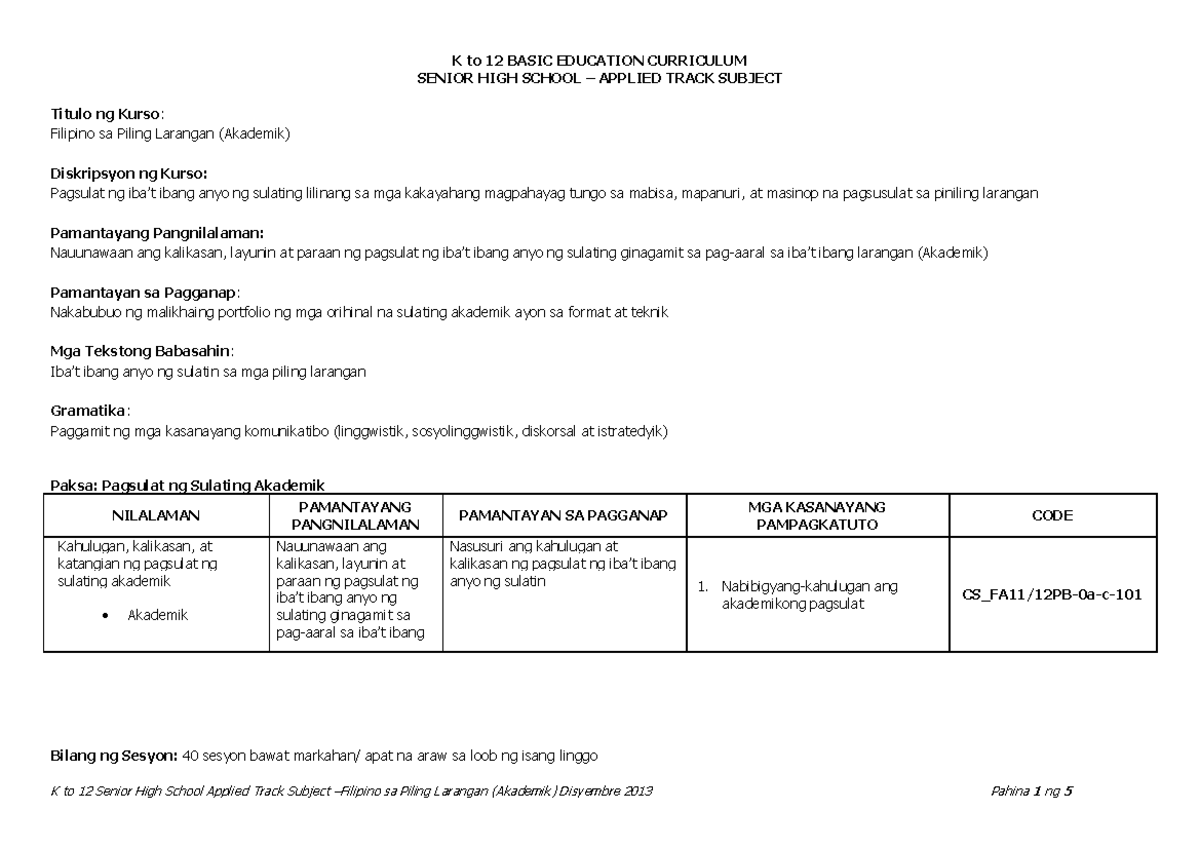 SHS Applied Filipino (Akademik) CG - SENIOR HIGH SCHOOL – APPLIED TRACK ...