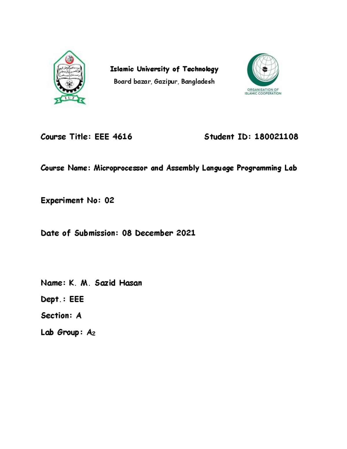 180021108 Lab02 - Microprocessor and Assembly Lab 1 - Course Title: EEE ...
