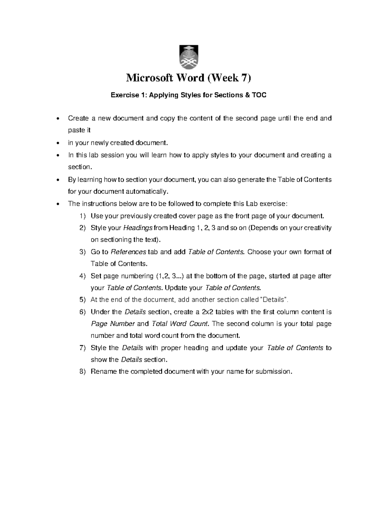 Lab Microsoft Word Week7 - Microsoft Word (Week 7 ) Exercise 1 ...