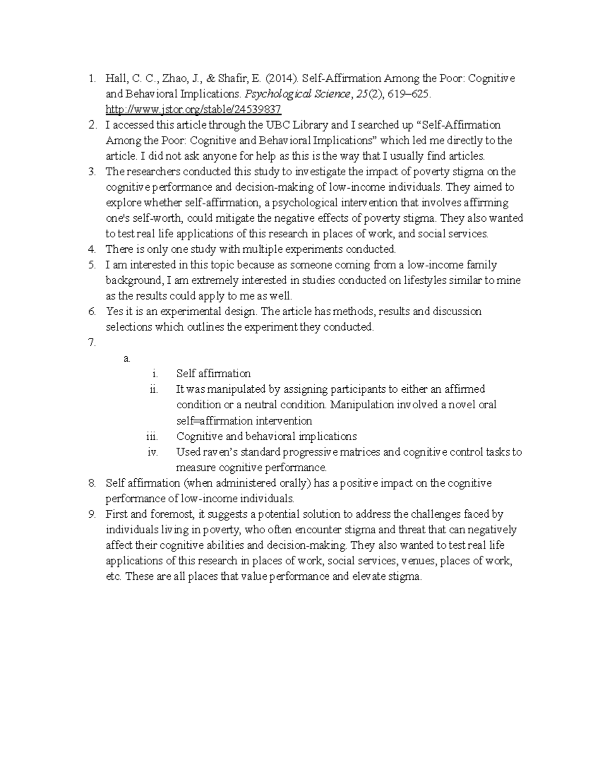 Assignment 1 Psyc Hall C C Zhao J And Shafir E 2014 Self Affirmation Among The Poor