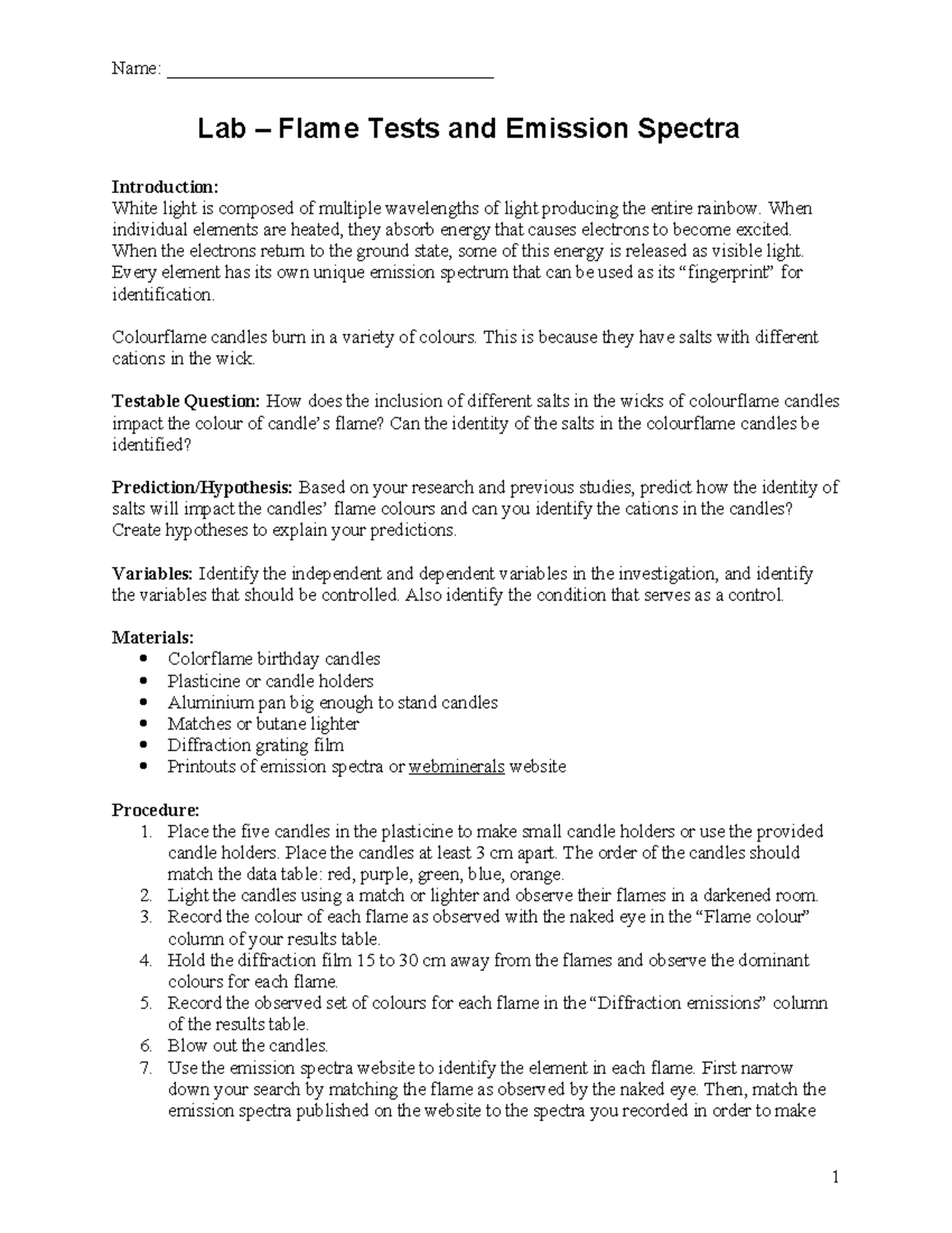 Lab - Flame Tests and Emission Spectra - Name ...