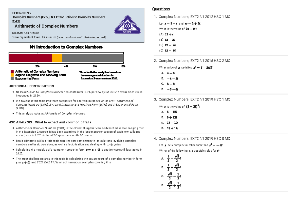 Complex numbers past HSC 1 - EXTENSION 2 Complex Numbers (Ext2), N1 ...