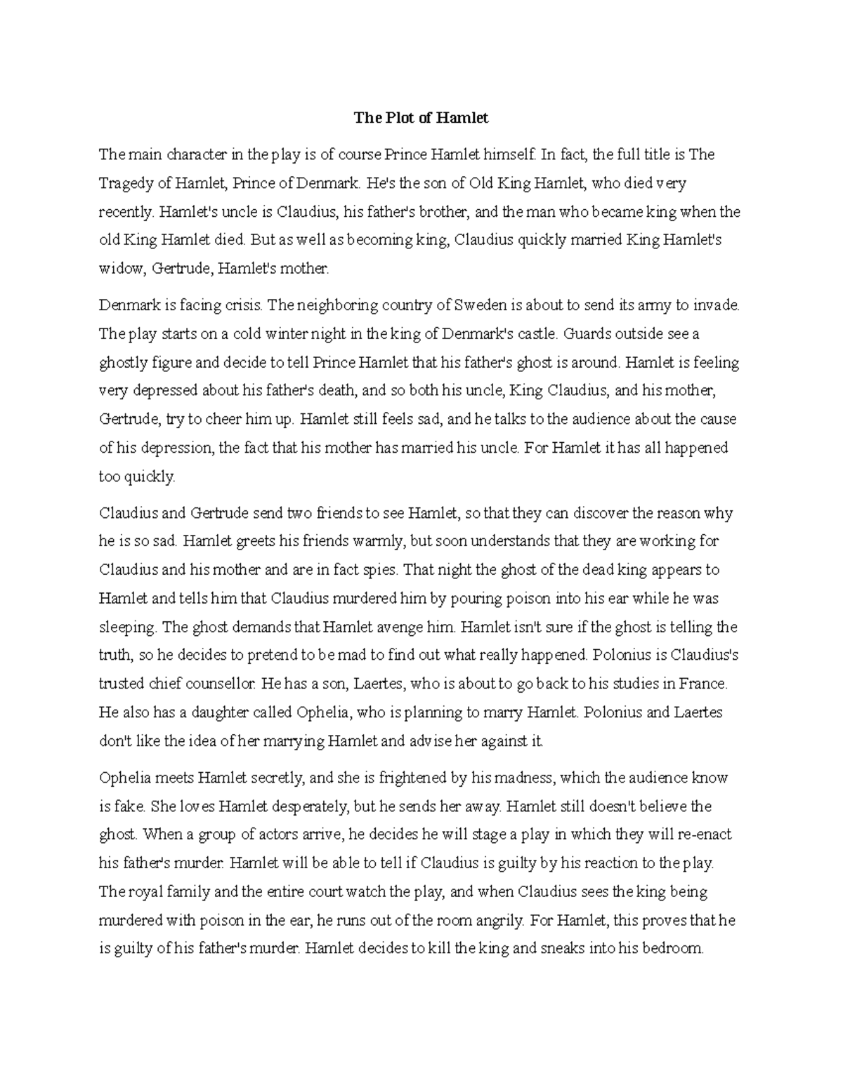 The Plot of Hamlet Transcript - The Plot of Hamlet The main character ...