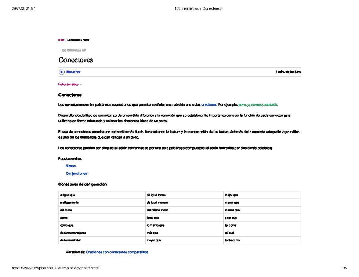 100 Ejemplos de Conectores - Inicio/Conectores y nexos 100 EJEMPLOS DE ...