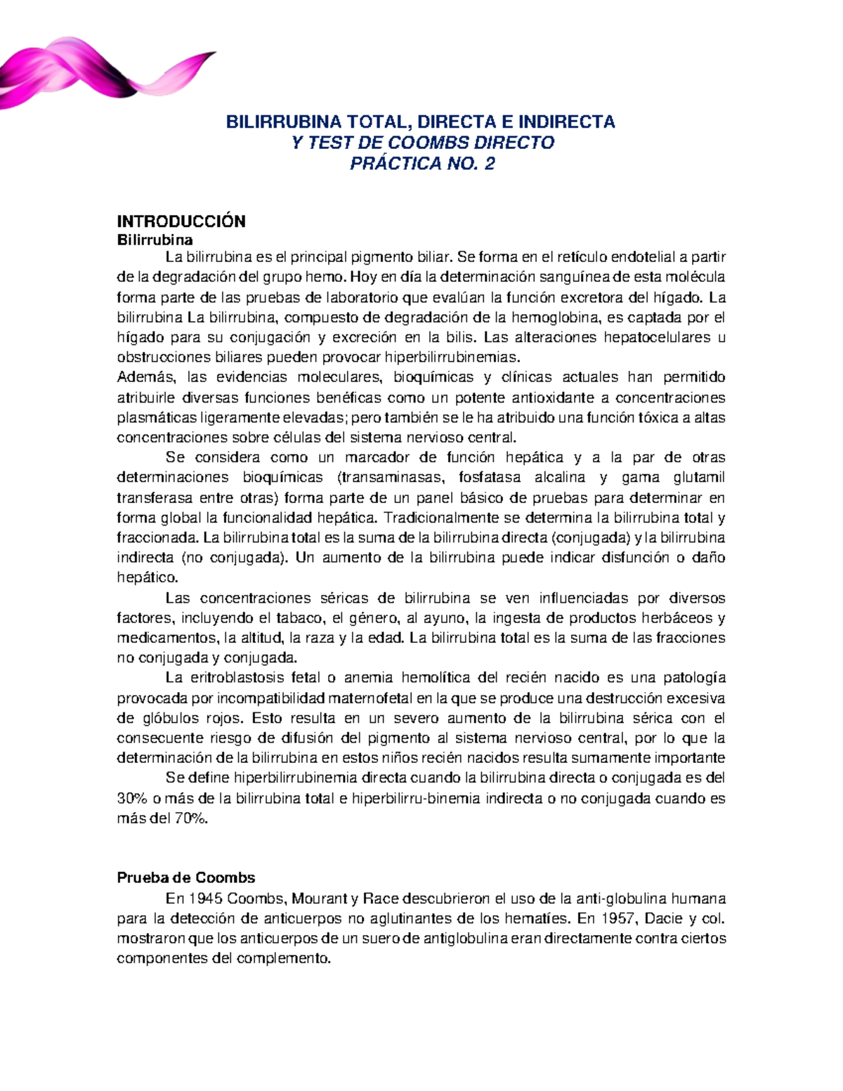 PRÁ Ctica #2 Bilirrubina Total, Directa E Indirecta + Coombs Directo ...