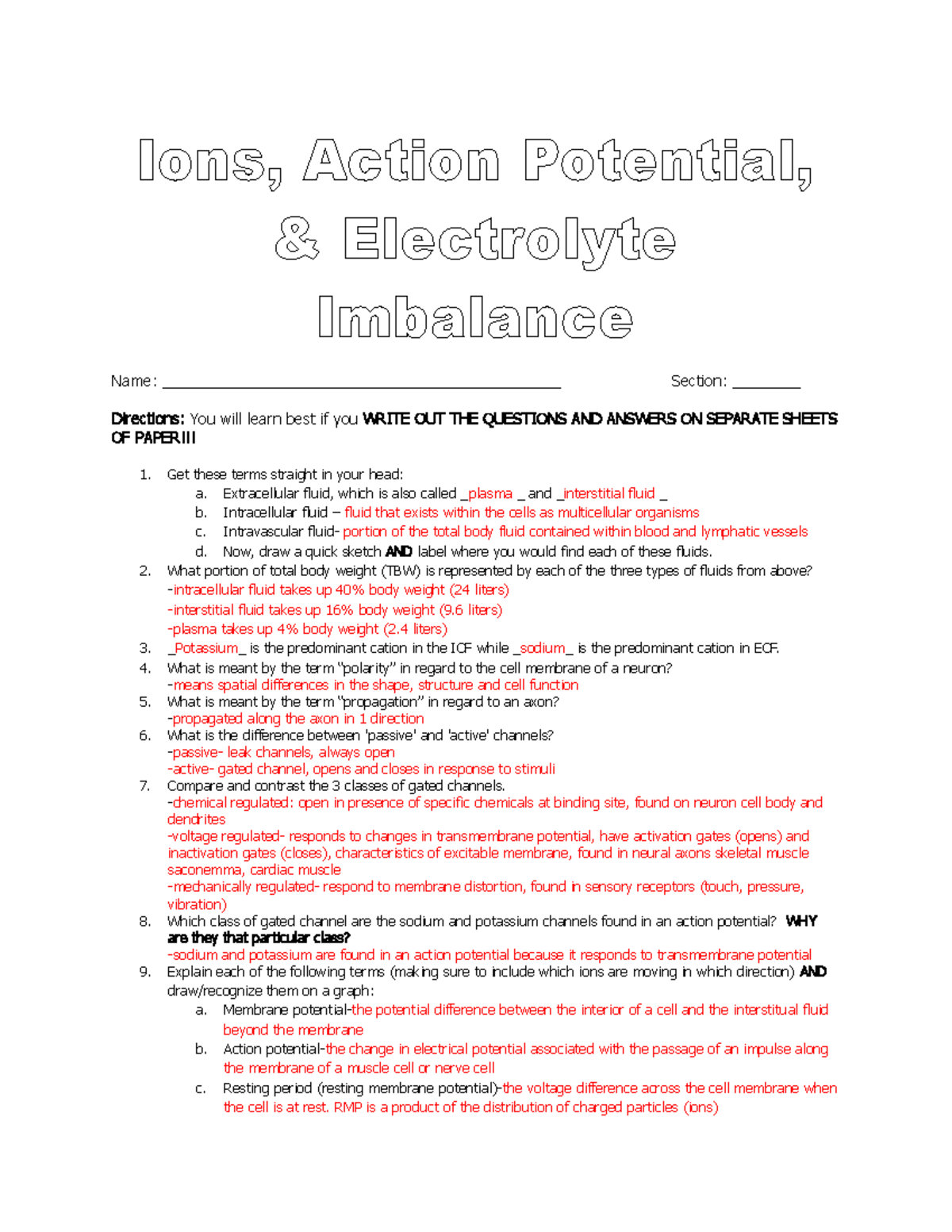 Ions,Action Potential and Electrolyte Imbalance Review Guide 4 - Ions ...