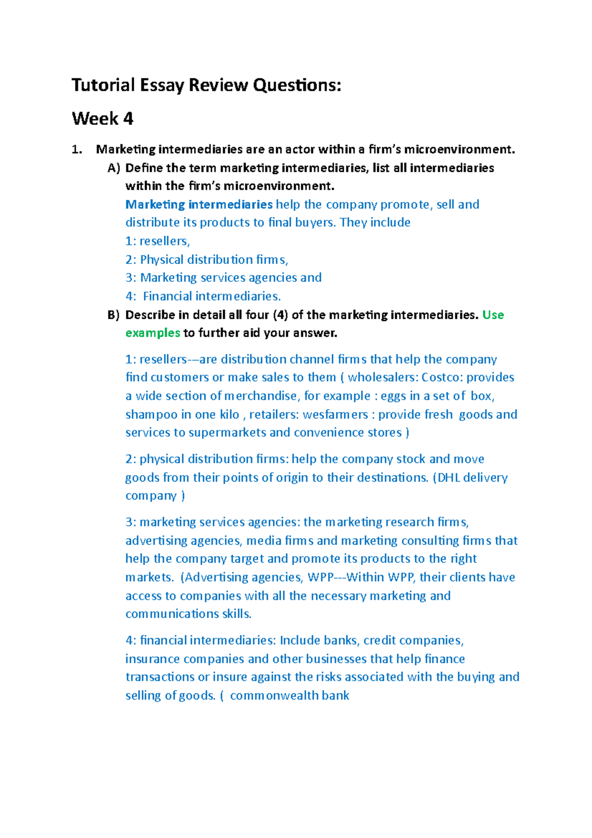 Week 4 tutorial - Tutorial Essay Review Questions: Week 4 Marketing ...