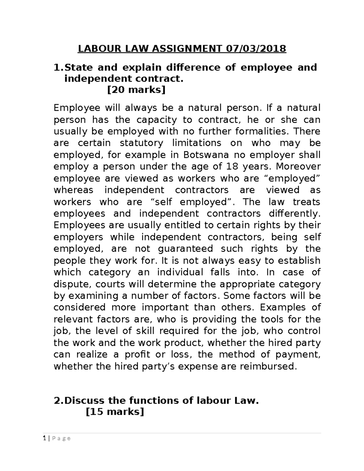 Assignment Molefe GUC Labour LAW - LABOUR LAW ASSIGNMENT 07/03/ 1 and ...