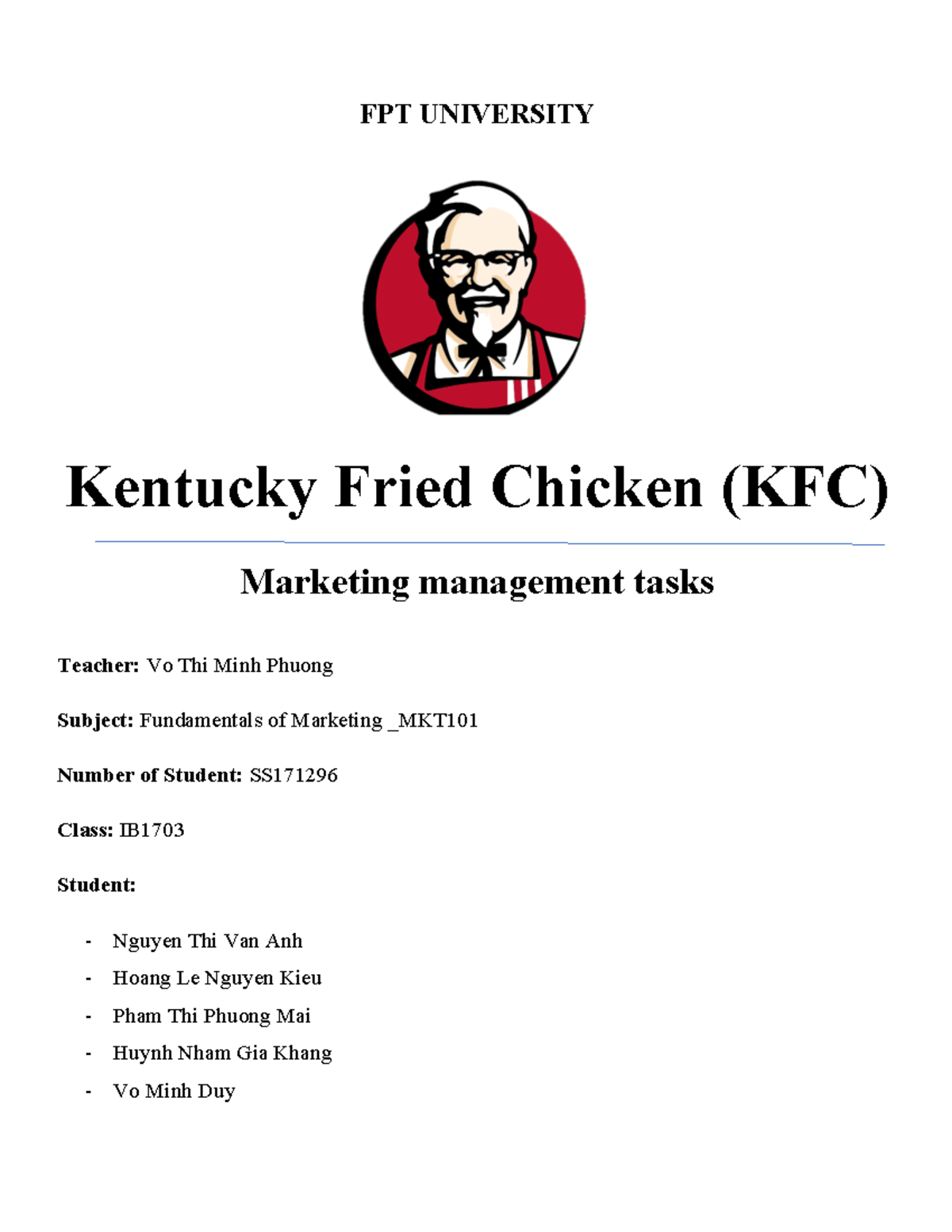 Individual-Assignment-MKT - FPT UNIVERSITY Kentucky Fried Chicken (KFC ...