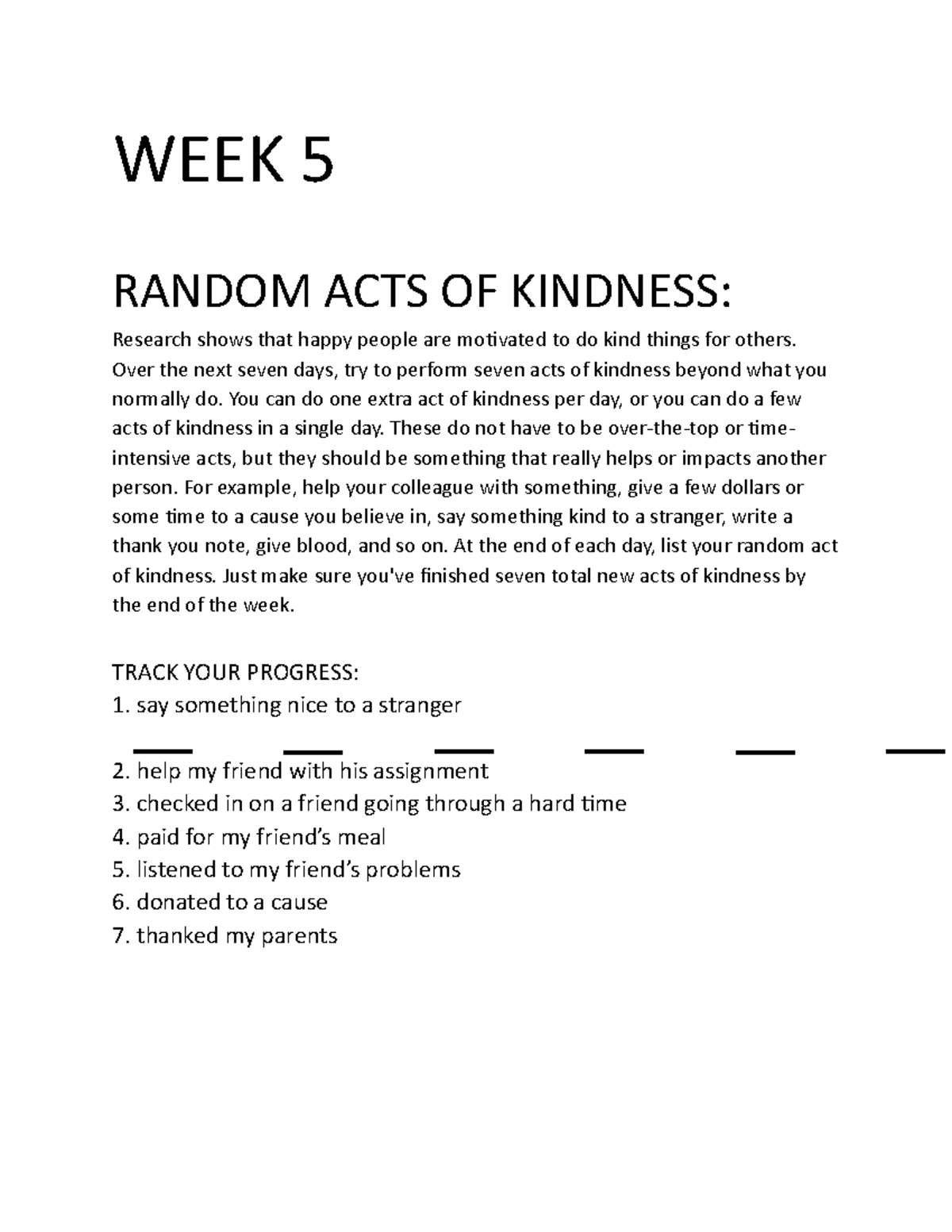 Rewirement Week Five Assignment - WEEK 5 RANDOM ACTS OF KINDNESS ...