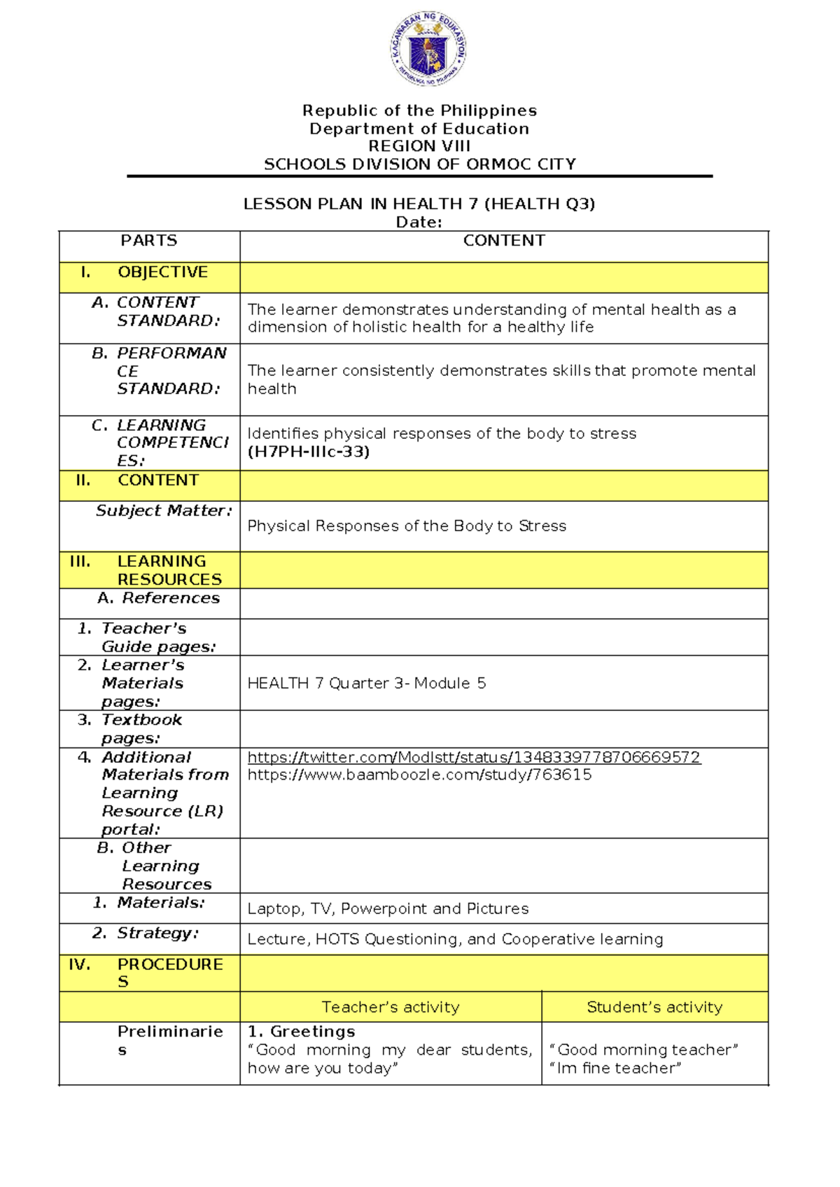 LP DEMO - lesson plan - Republic of the Philippines Department of ...