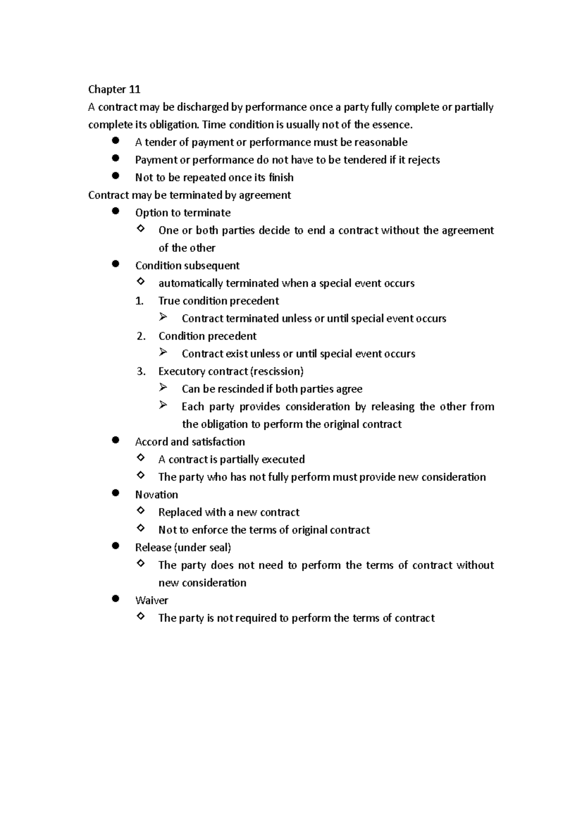 Chapter 11 summary - Chapter 11 A contract may be discharged by ...