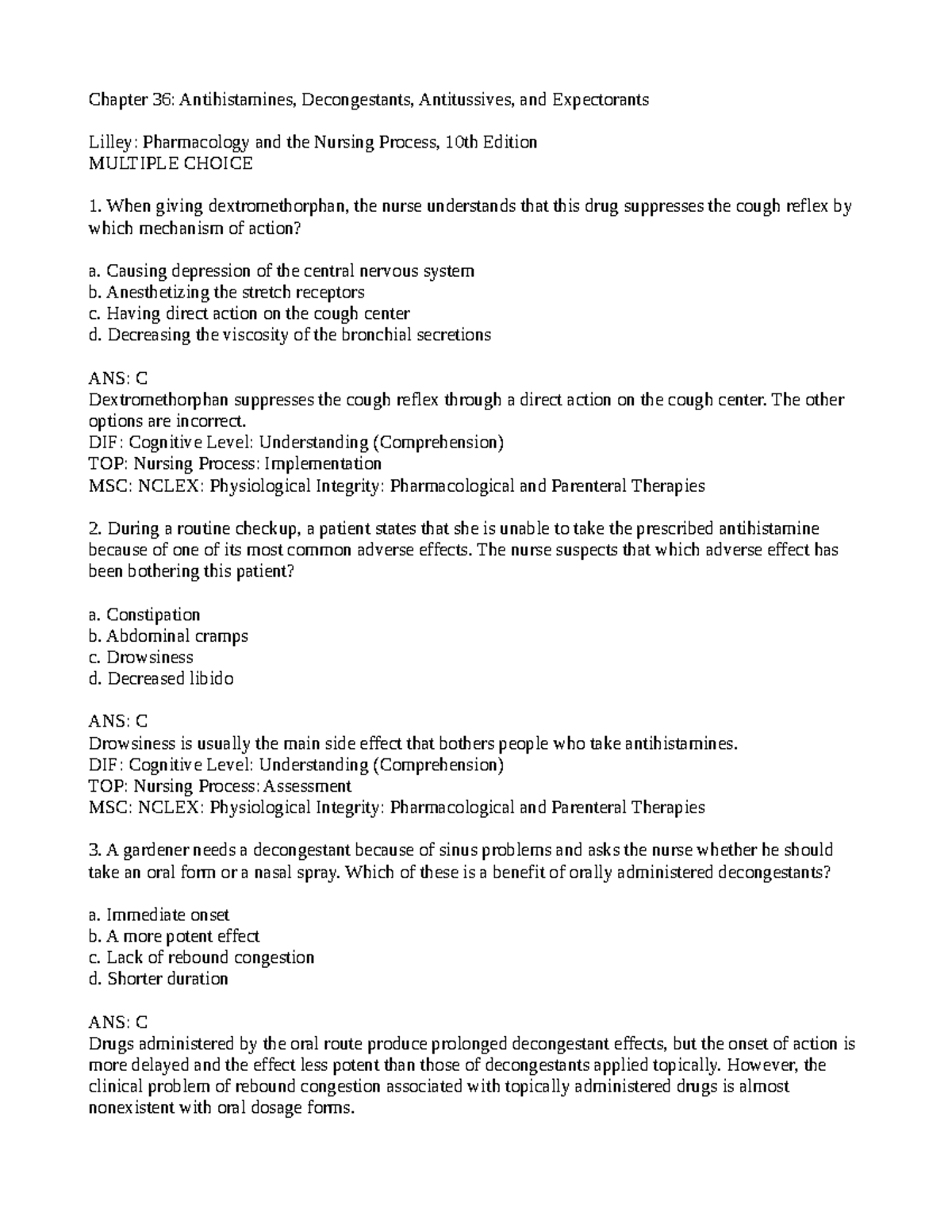 Chapter 36 - Nurse - Chapter 36: Antihistamines, Decongestants, Antitussives, and Expectorants ...