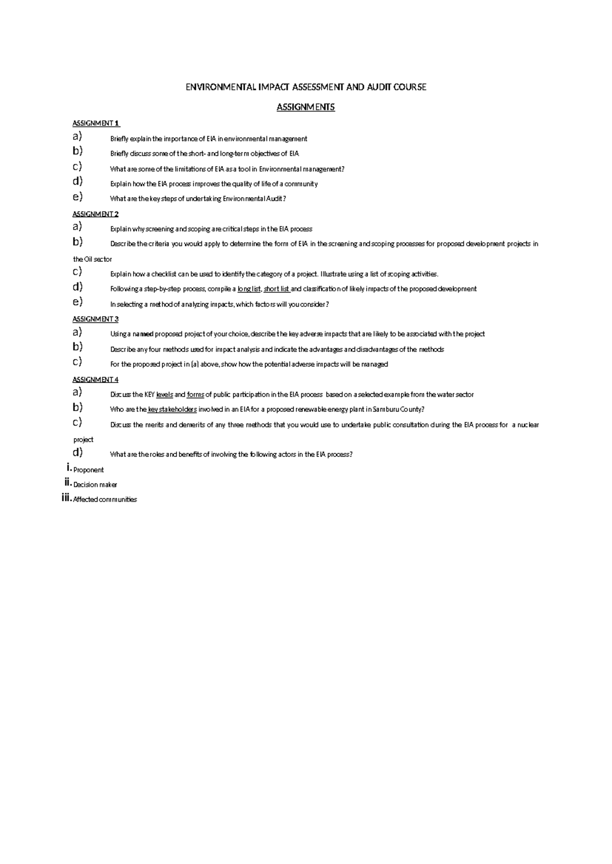 EIA Assignments - ENVIRONMENTAL IMPACT ASSESSMENT AND AUDIT COURSE ASSIGNMENTS ASSIGNMENT 1 a ...