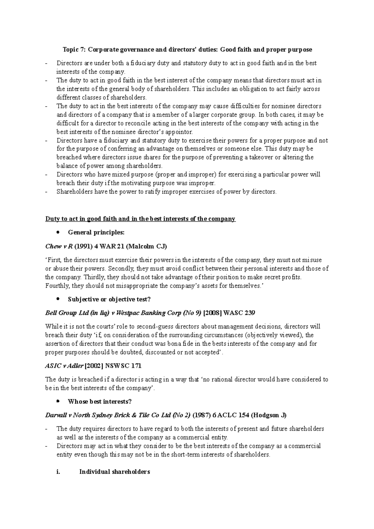Directors' Duties - Lecture note 7 - Topic 7: Corporate governance and ...