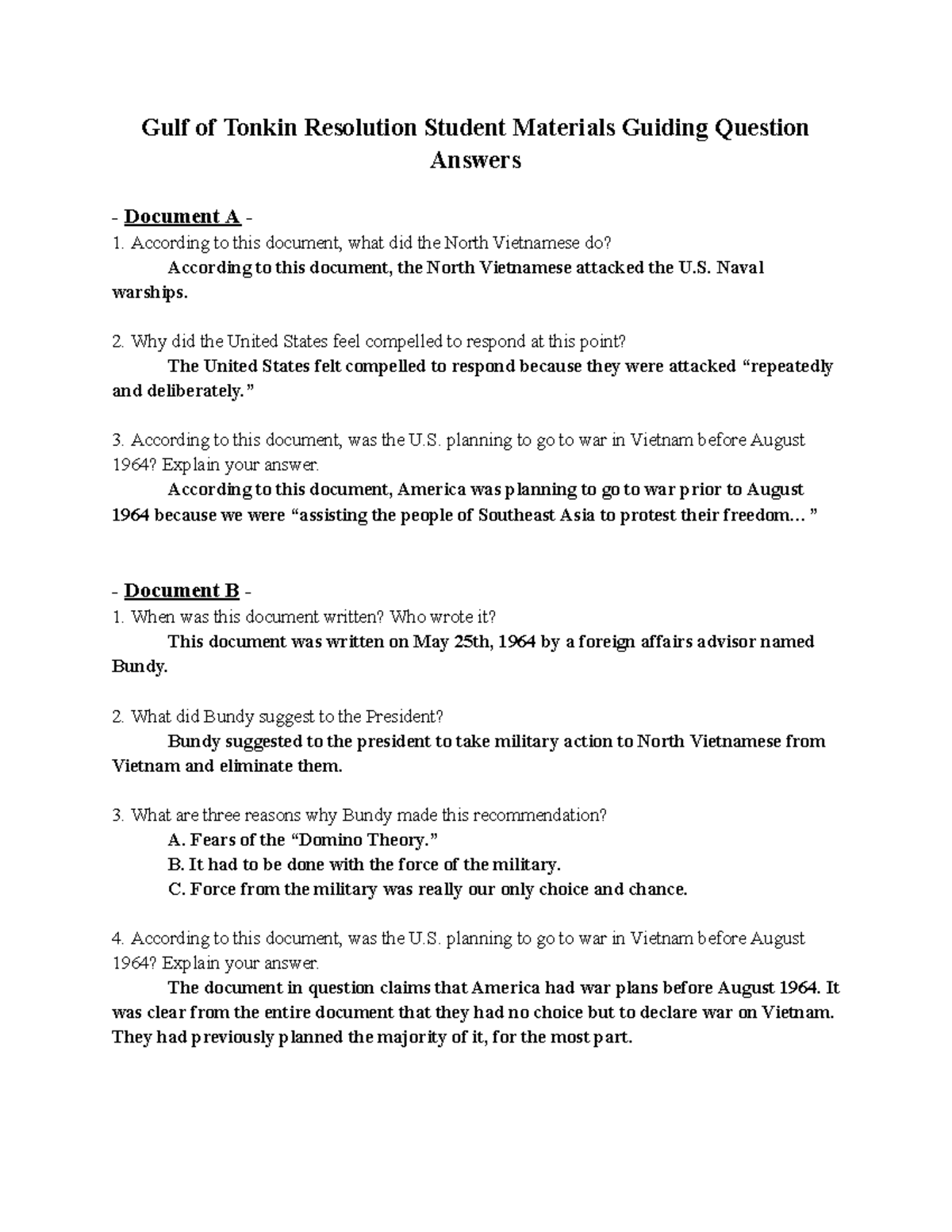 Gulf of Tonkin Resolution Student Materials Guiding Question Answers ...