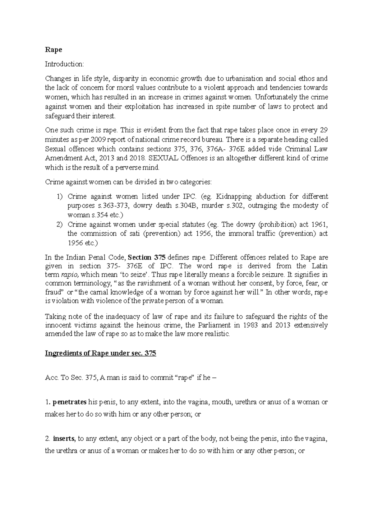 Rape - SECTION 375 OF INDIAN PENAL CODE IS DISCUSSED WITH CASE LAWS - Rape Introduction: Changes ...