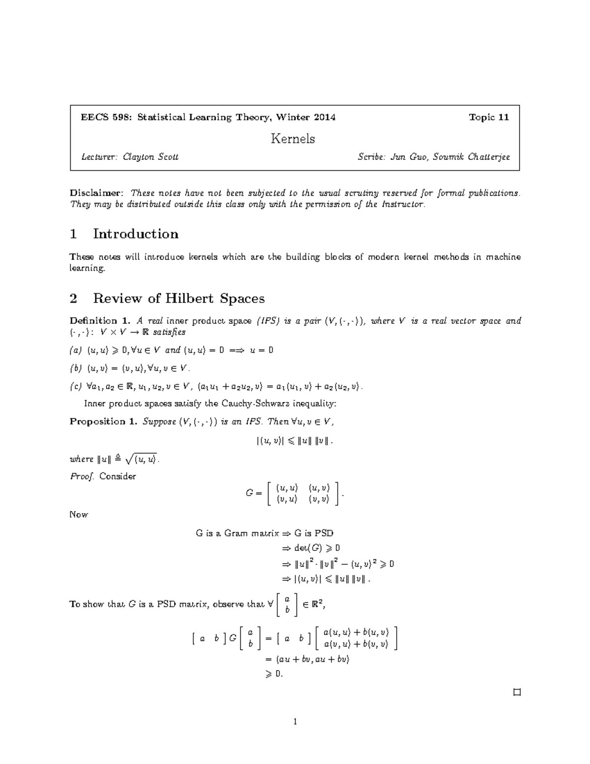 Lecture Notes Lecture 11 Kernels Eecs 598 Statistical Learning Theory Winter 2014 Topic