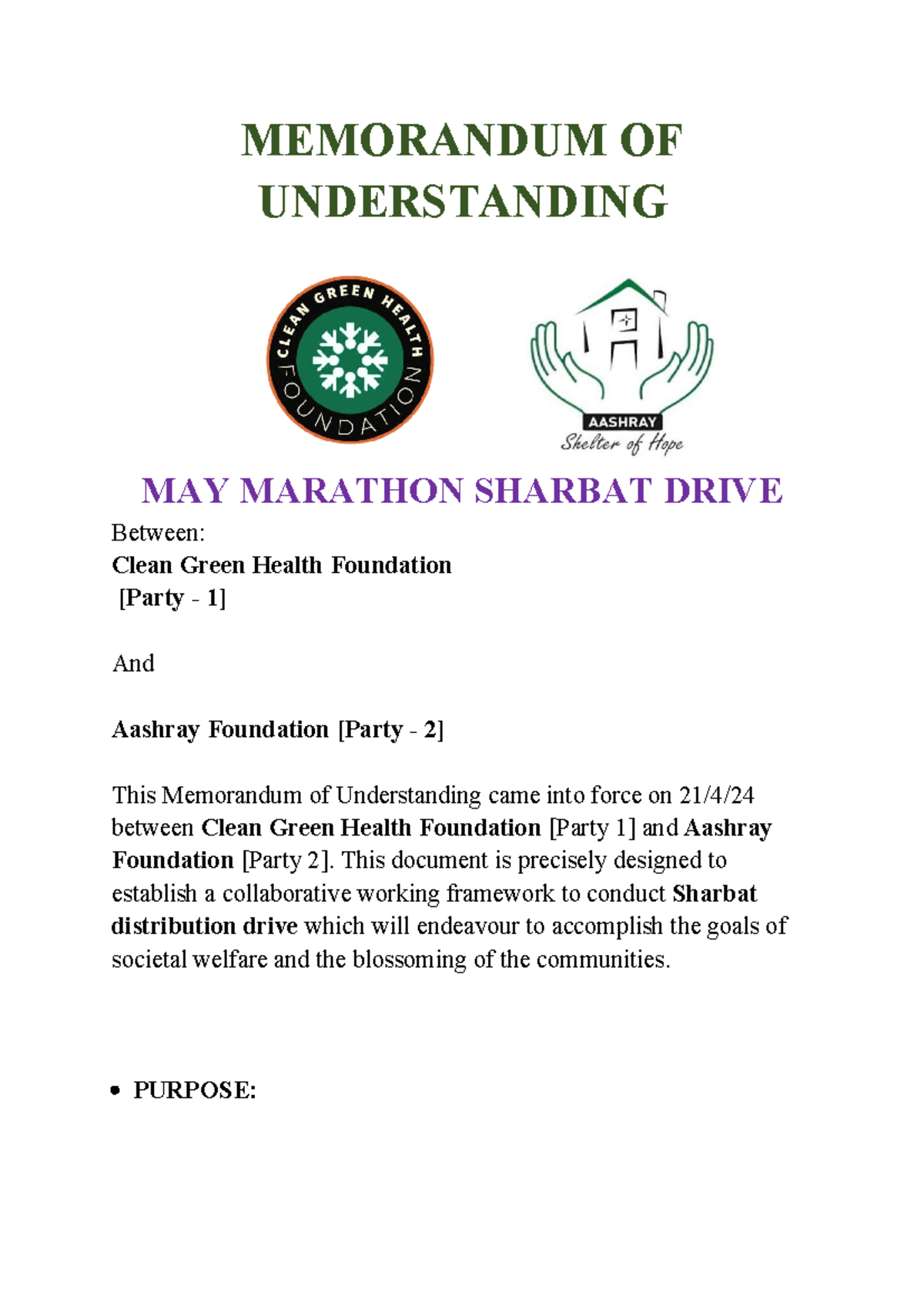 Aashray Foundation 2 nd week - MEMORANDUM OF UNDERSTANDING MAY MARATHON ...