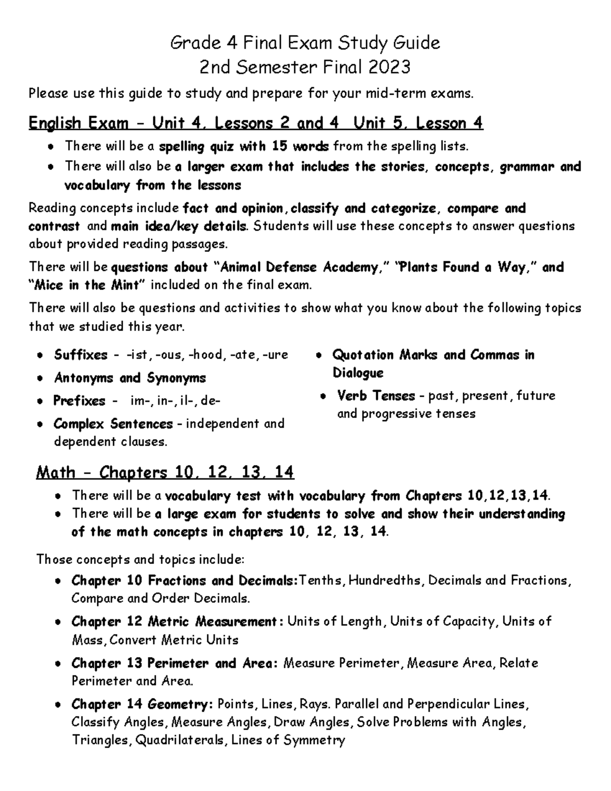 G4 2nd Semester Final Exam Study Guide - Grade 4 Final Exam Study Guide 2nd Semester Final 2023 ...