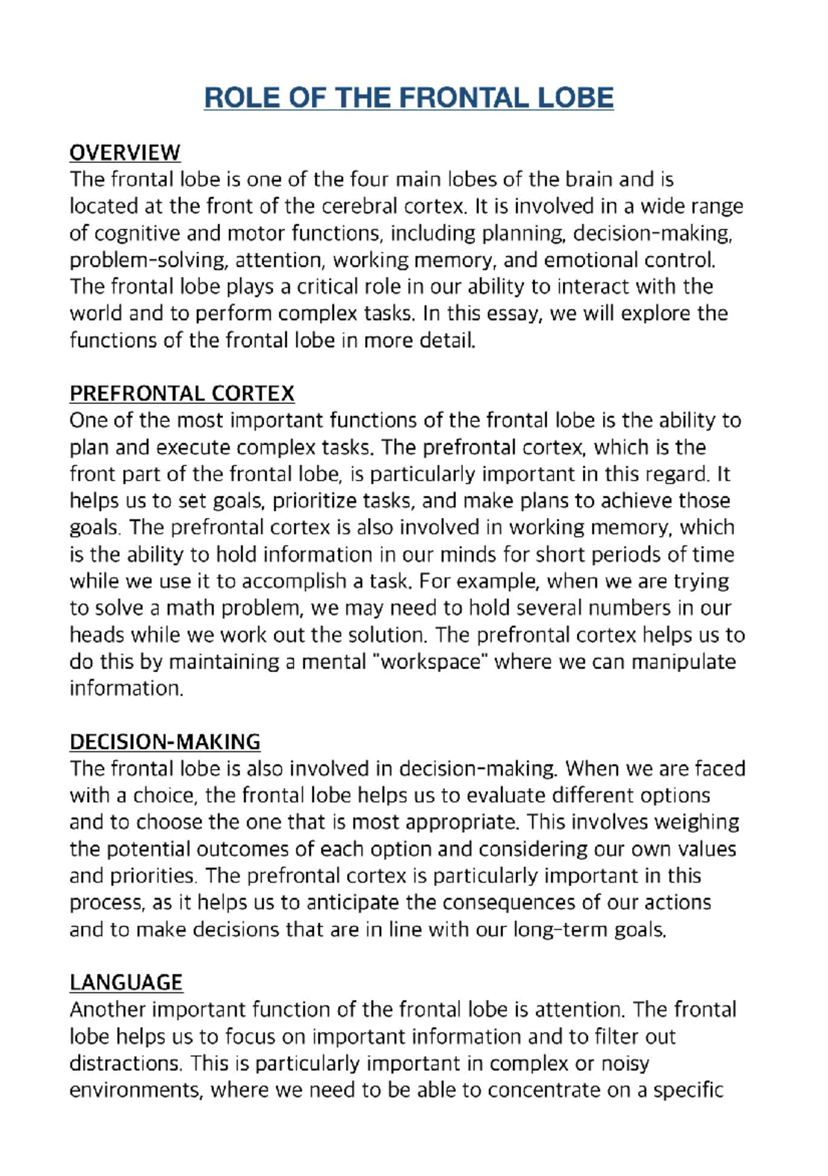 Notes: Role of the Frontal Lobe - 8639 - Studocu