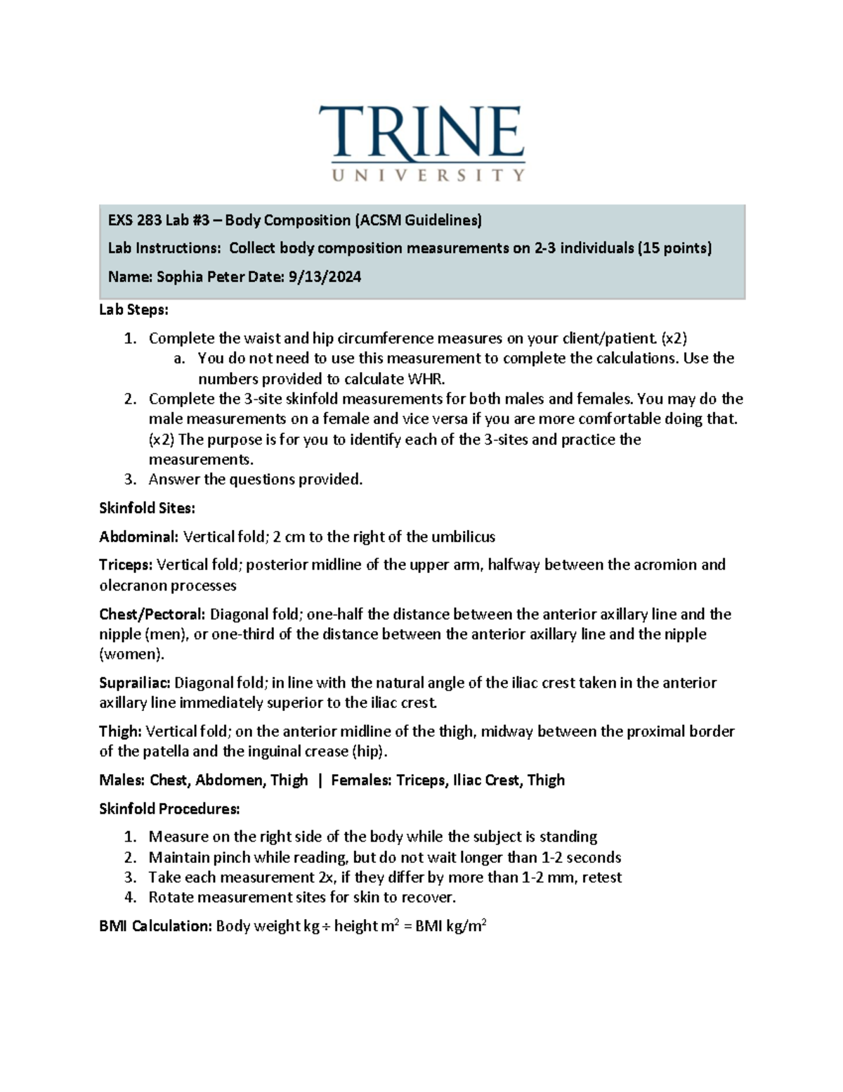 Lab 3 - Body Composition - EXS283 - Lab Steps: 1. Complete the waist ...