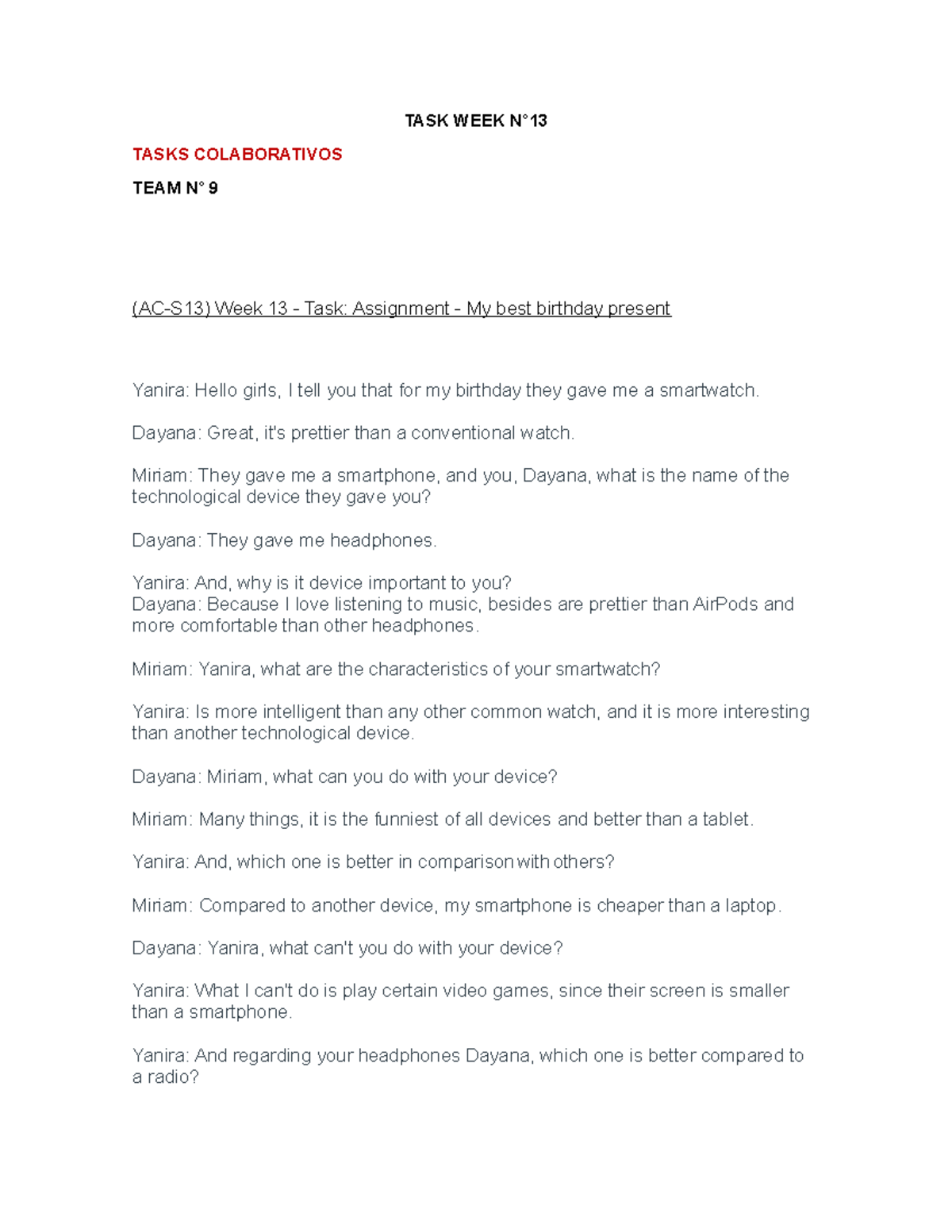 TASK WEEK N13 - task 13 - TASK WEEK N° TASKS COLABORATIVOS TEAM N° 9 (AC-S13) Week 13 - Task ...