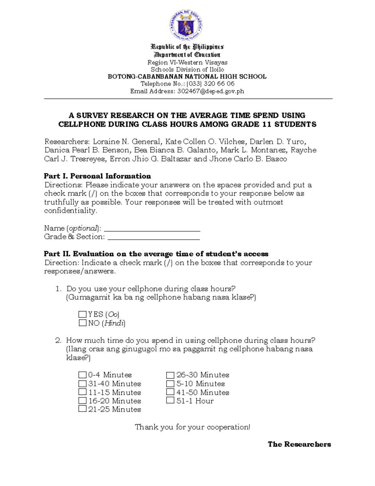 Questionnaire General - Republic of the Philippines Department of ...