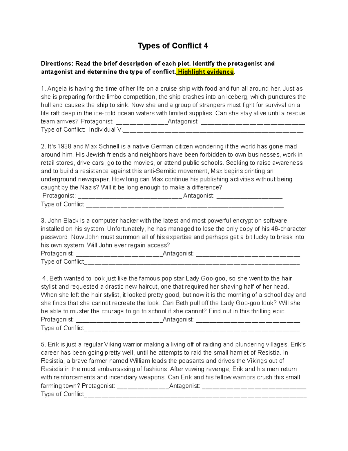 Types of Conflict - Identify the protagonist and antagonist and ...