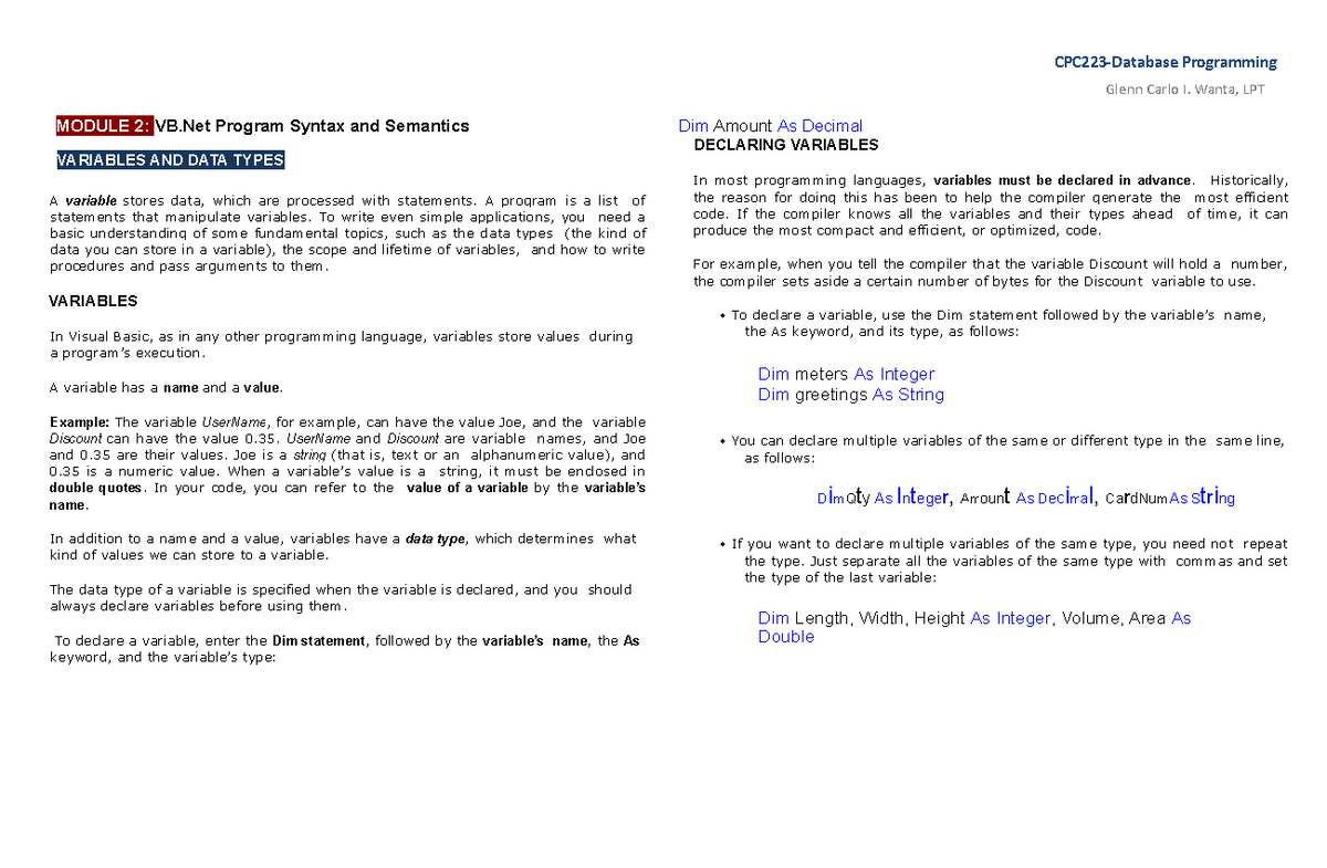 CPC 223 (A) Module 2 - Variable and Data Types - ####### CPC223-Database Programming Glenn Carlo ...