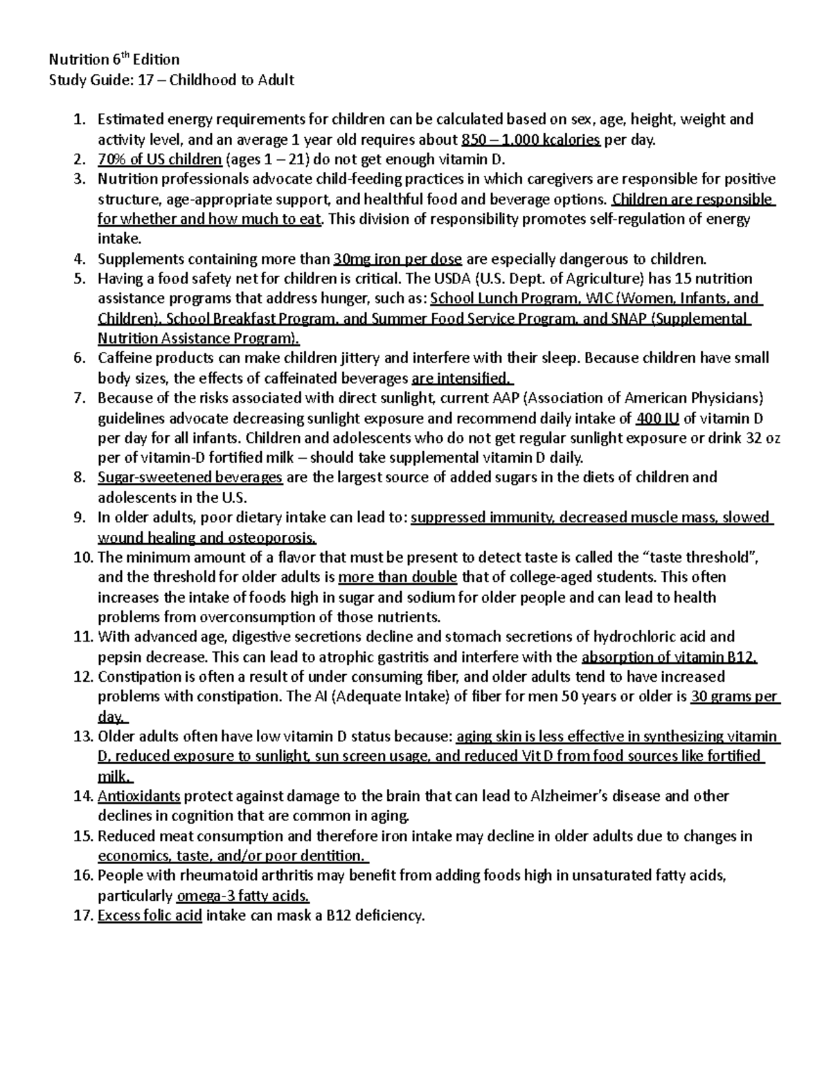 17 - Childhood to Adult (6th Ed) - Nutrition 6th Edition Study Guide ...