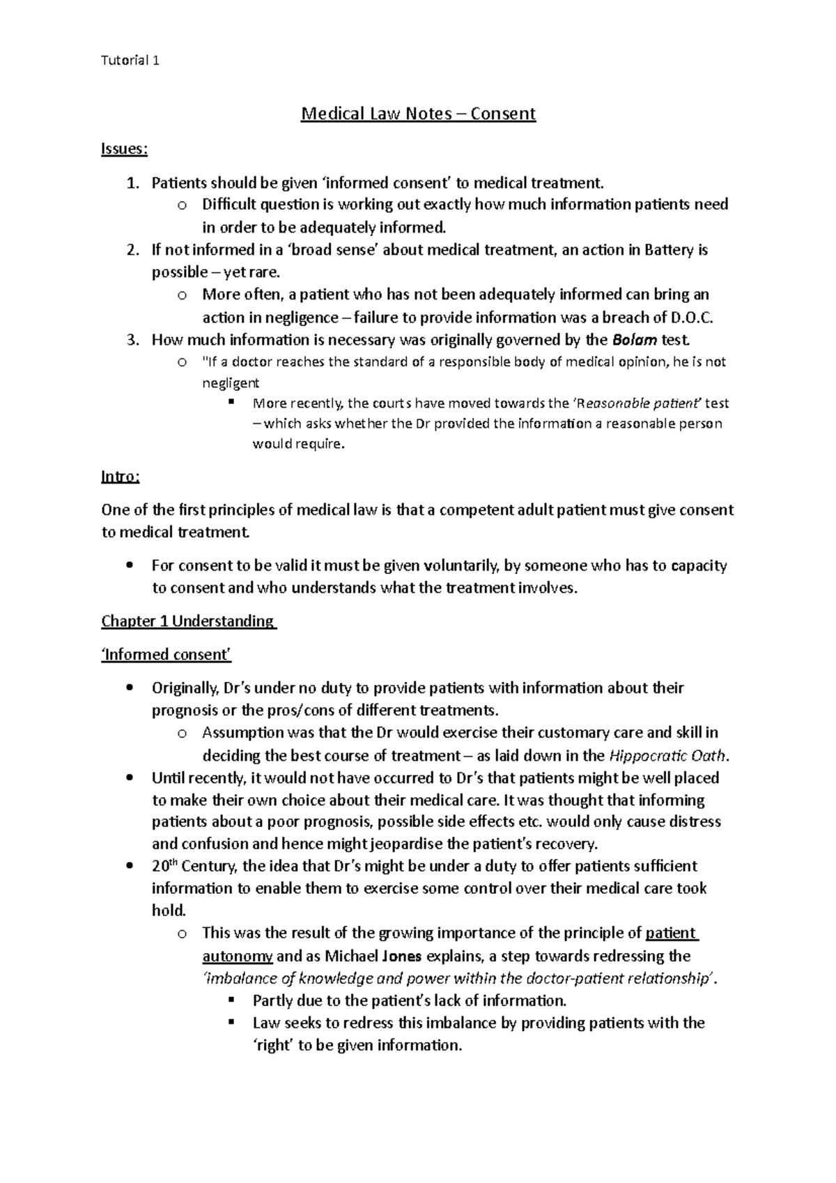 Consent Notes - Tutorial 1 - Medical Law Notes – Consent Issues ...