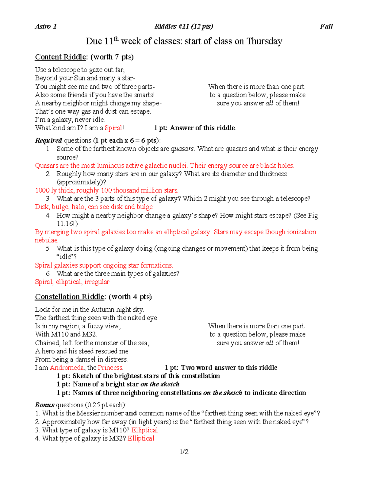 Riddles 1 1 Fa - DR. KIM HERMAN - Astro 1 Riddles #11 (12 pts) Fall 1 ...