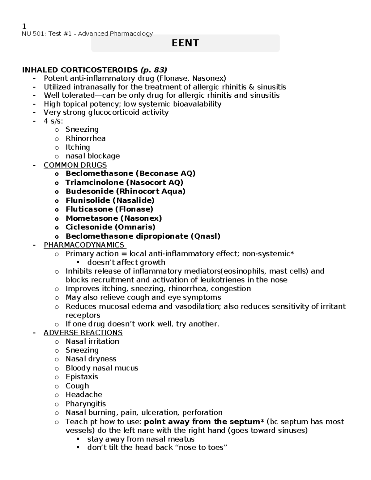 Pharmacology Test 1 - EENT - NU 501: Test #1 - Advanced Pharmacology ...