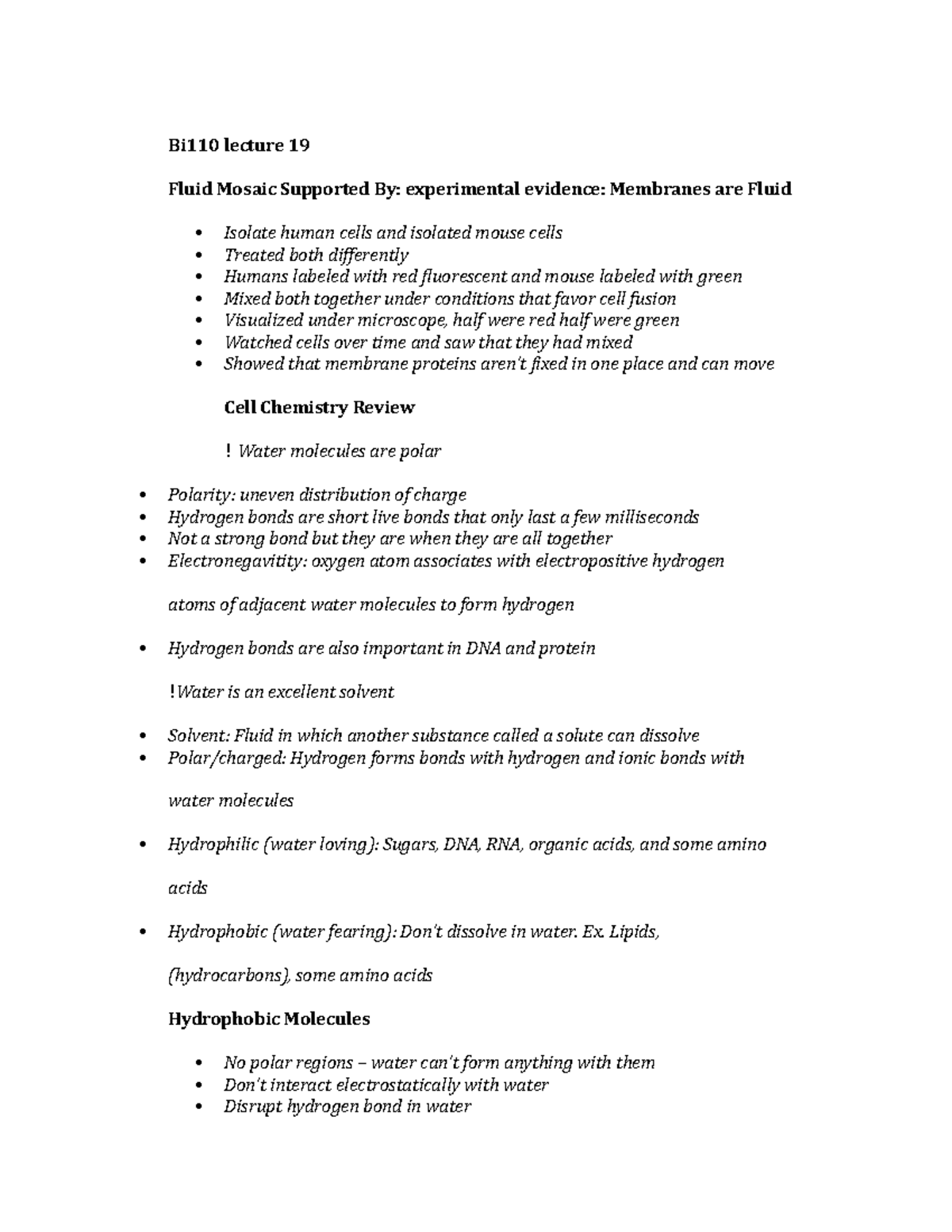 Bi110 lecture 19 - business notes - Bi110 lecture 19 Fluid Mosaic ...