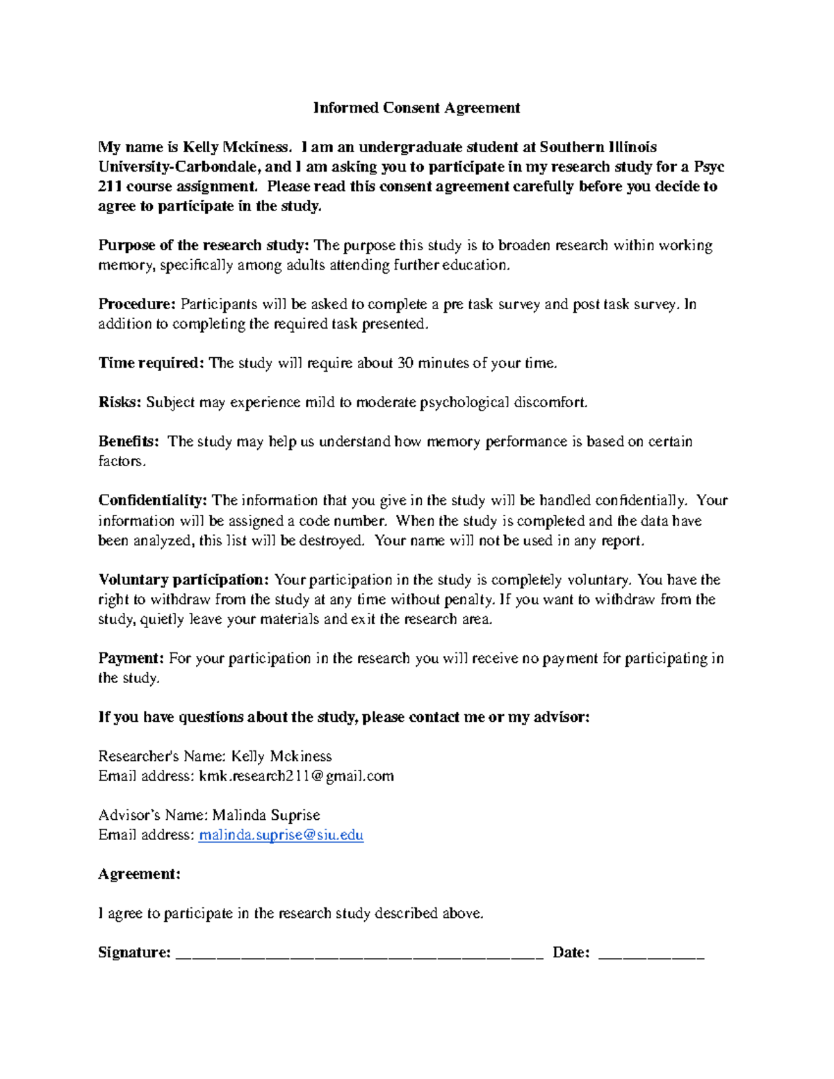 PSYC 211 Informed Consent Agreement - Informed Consent Agreement My ...