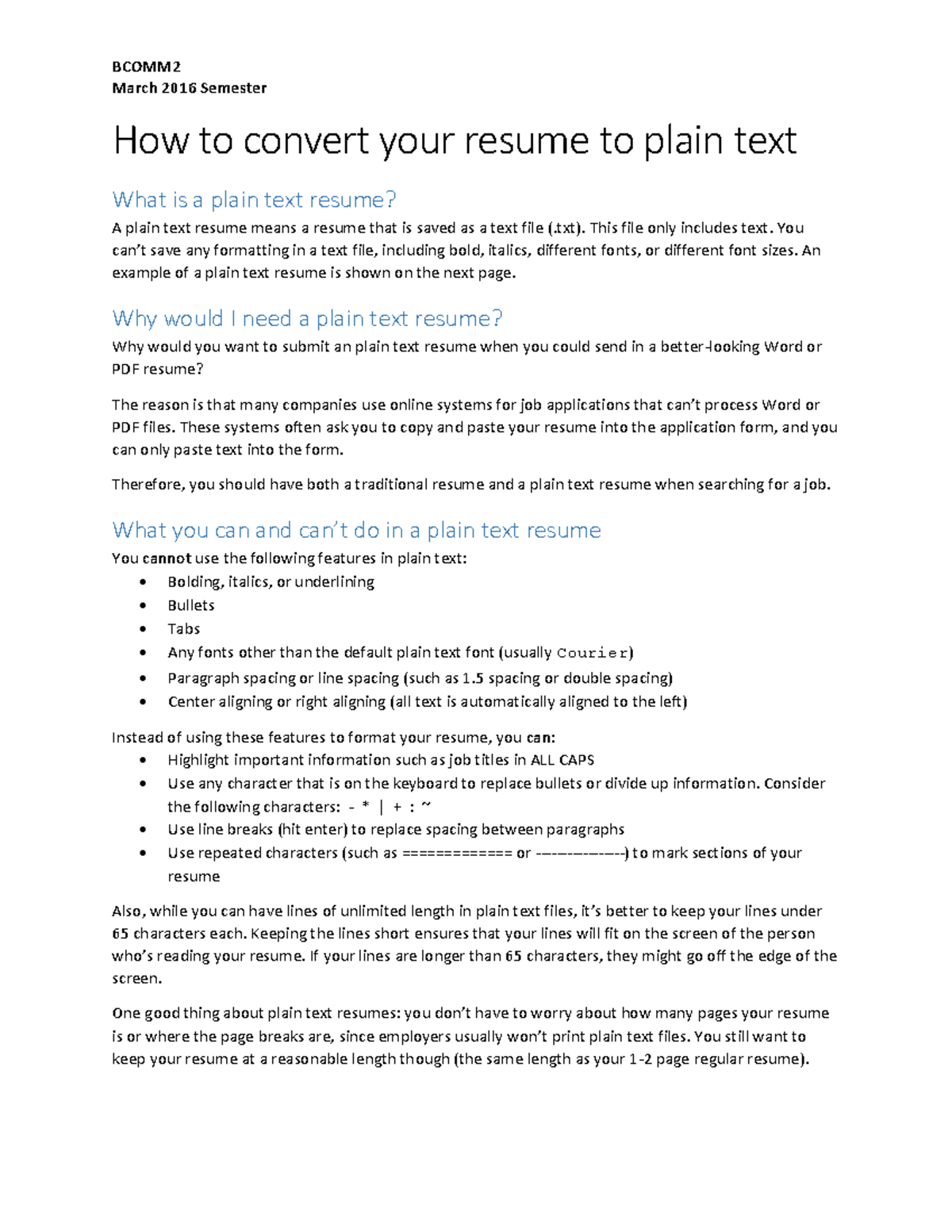 How To Convert Your Resume To Plain Text BCOMM March 2016 Semester how-to-convert-your-resume-to-plain-text-bcomm-march-2016-semester