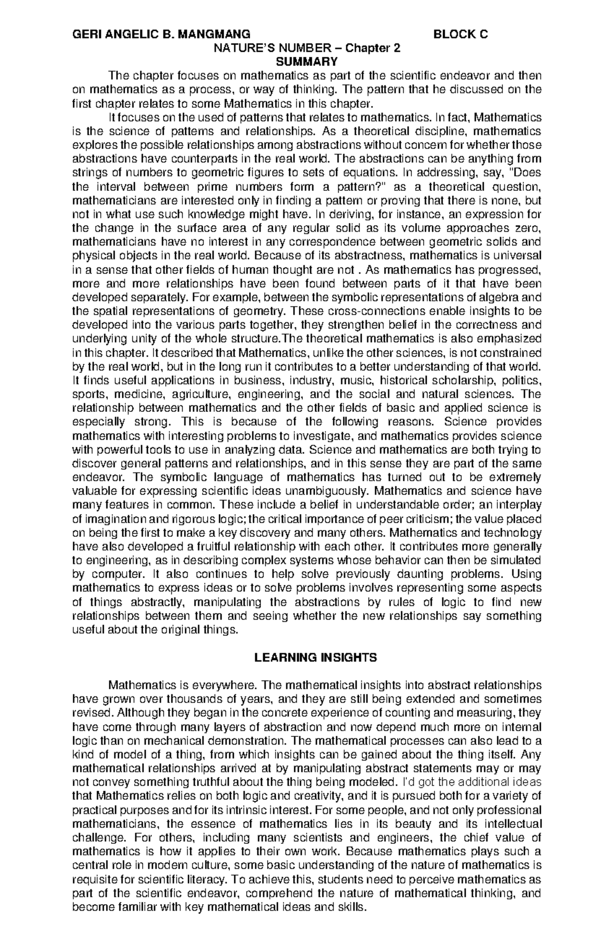 417462218 Chapter 2 Summary and Learning Insights - GERI ANGELIC B. MANGMANG BLOCK C NATURE’S ...