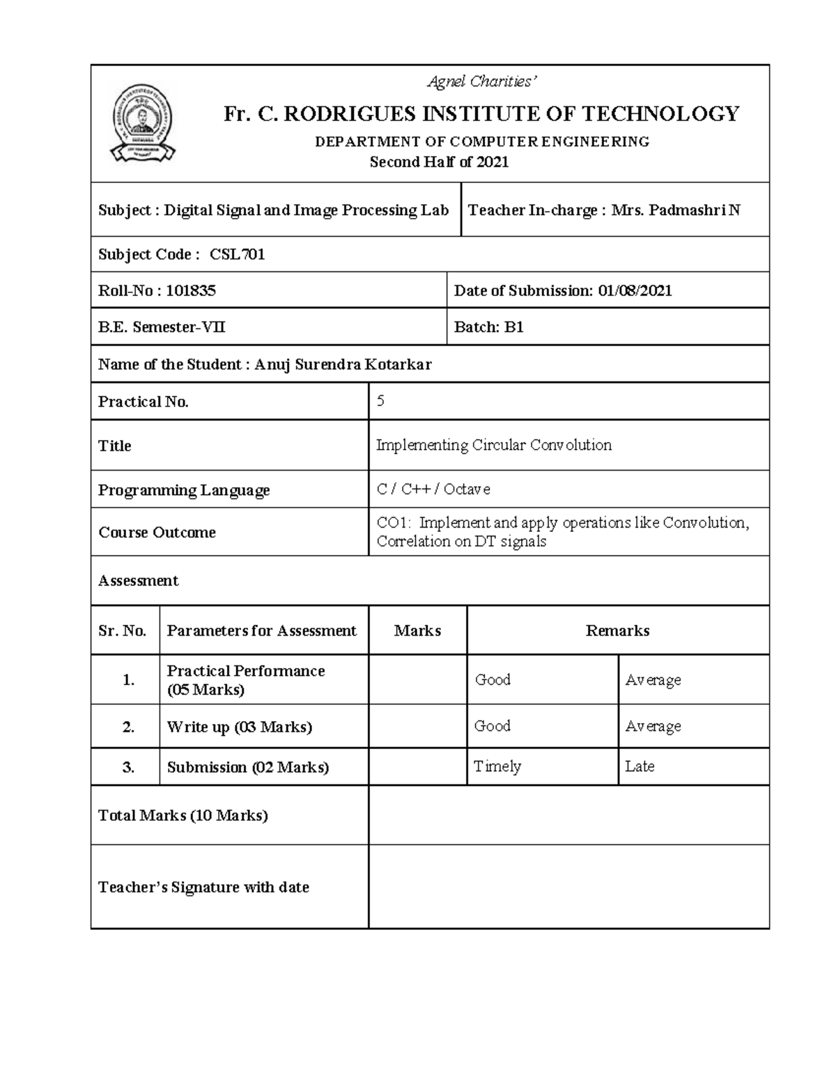 DSIP 5 (101835) - CSL701.1 Implement and apply operations like Convolution, Correlation on DT ...