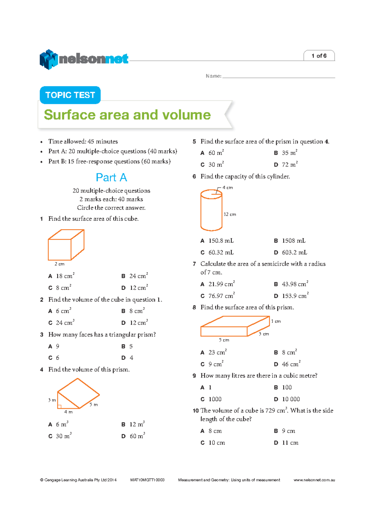 Maths - practise questions - Name: Surface area and volume • Time ...