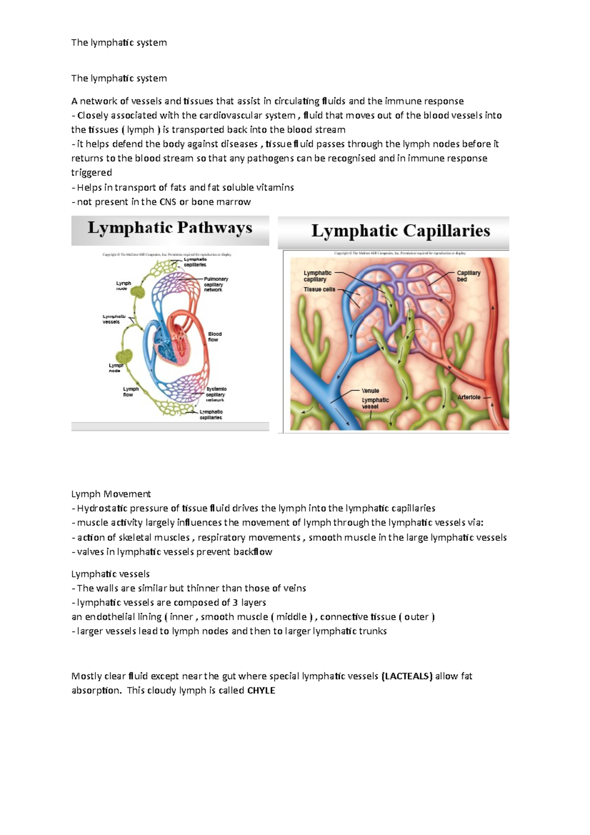 The lymphatic system - Lecture notes 9 - The lymphatic system A network ...