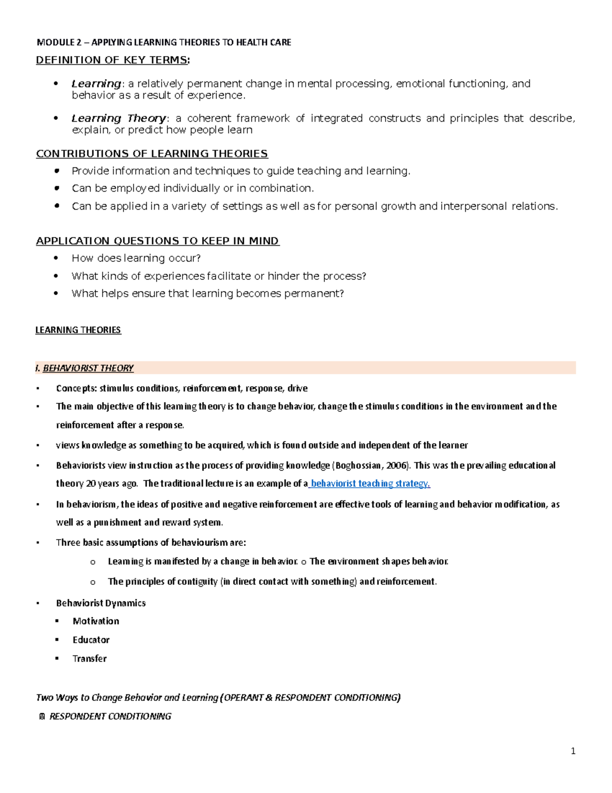 HE Module 2 Learning Theories - MODULE 2 – APPLYING LEARNING THEORIES ...