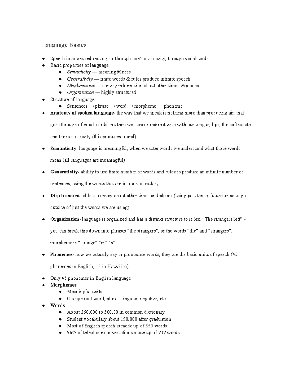 Psych 1000 Language Basics Lecture Language Basics Speech Involves