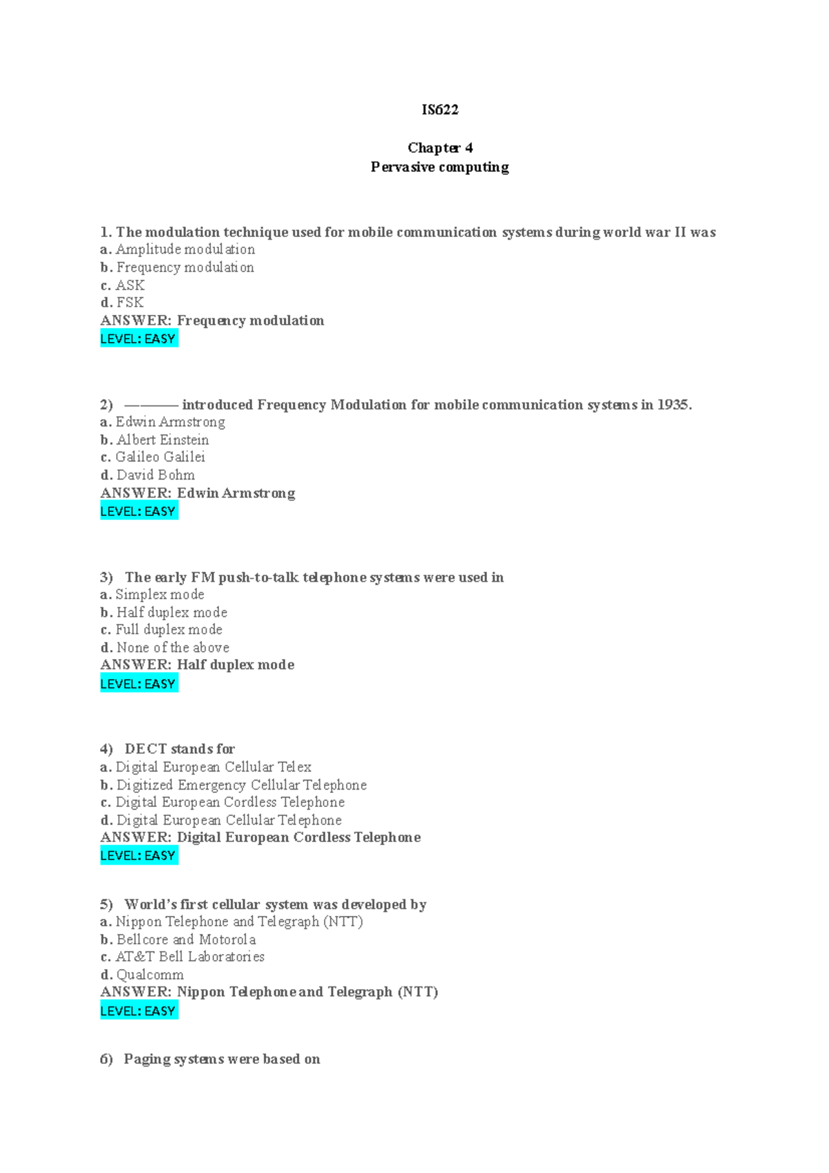 IS 622 CA TEST 2 MCQS 16 SEP 2019 - IS Chapter 4 Pervasive computing ...