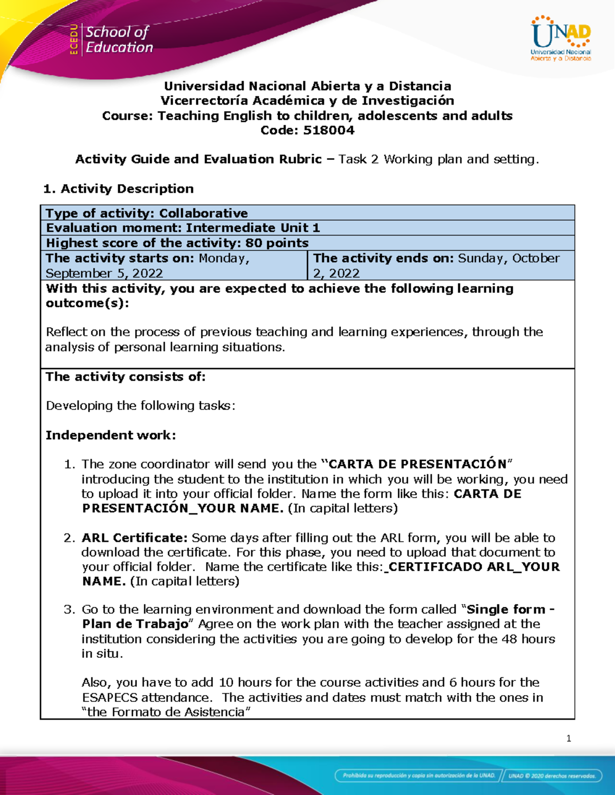 Activity guide and evaluation rubric - Unit 1- Task 2 - Working plan ...